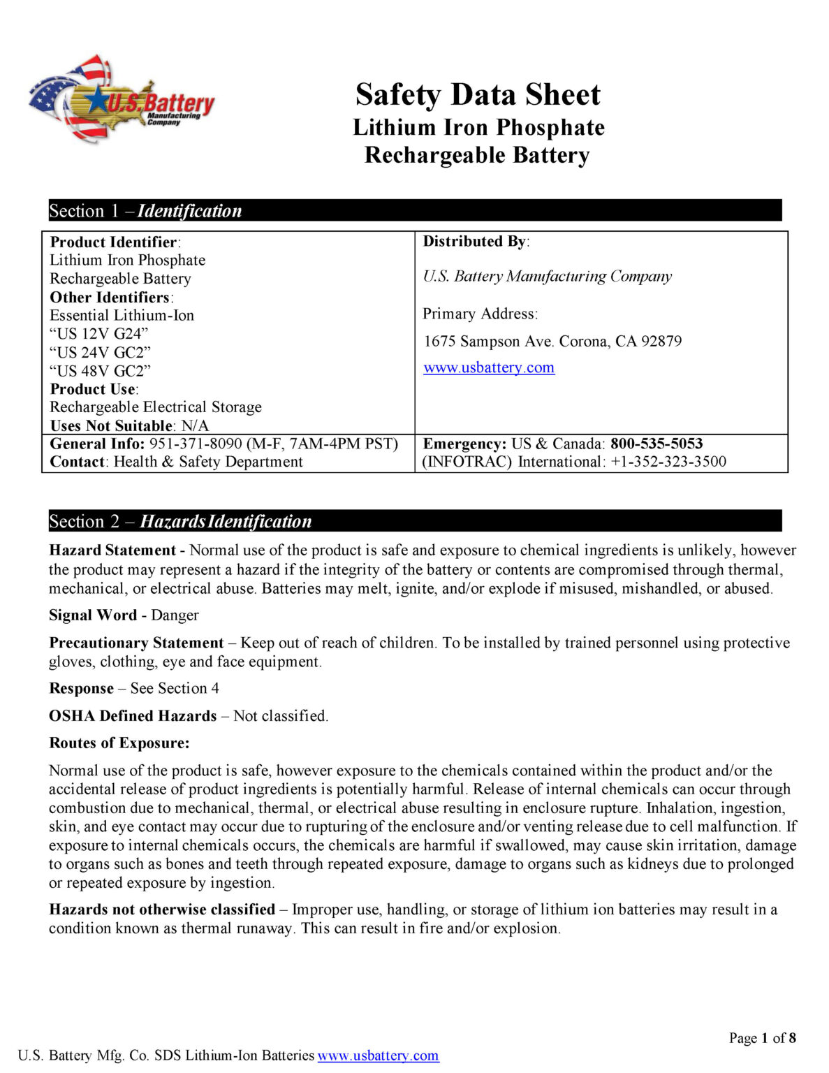 Safety Data Sheets - U.S. Battery Mfg. Co.