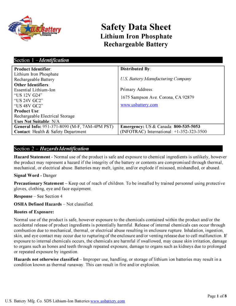 Safety Data Sheets - U.S. Battery Mfg. Co.